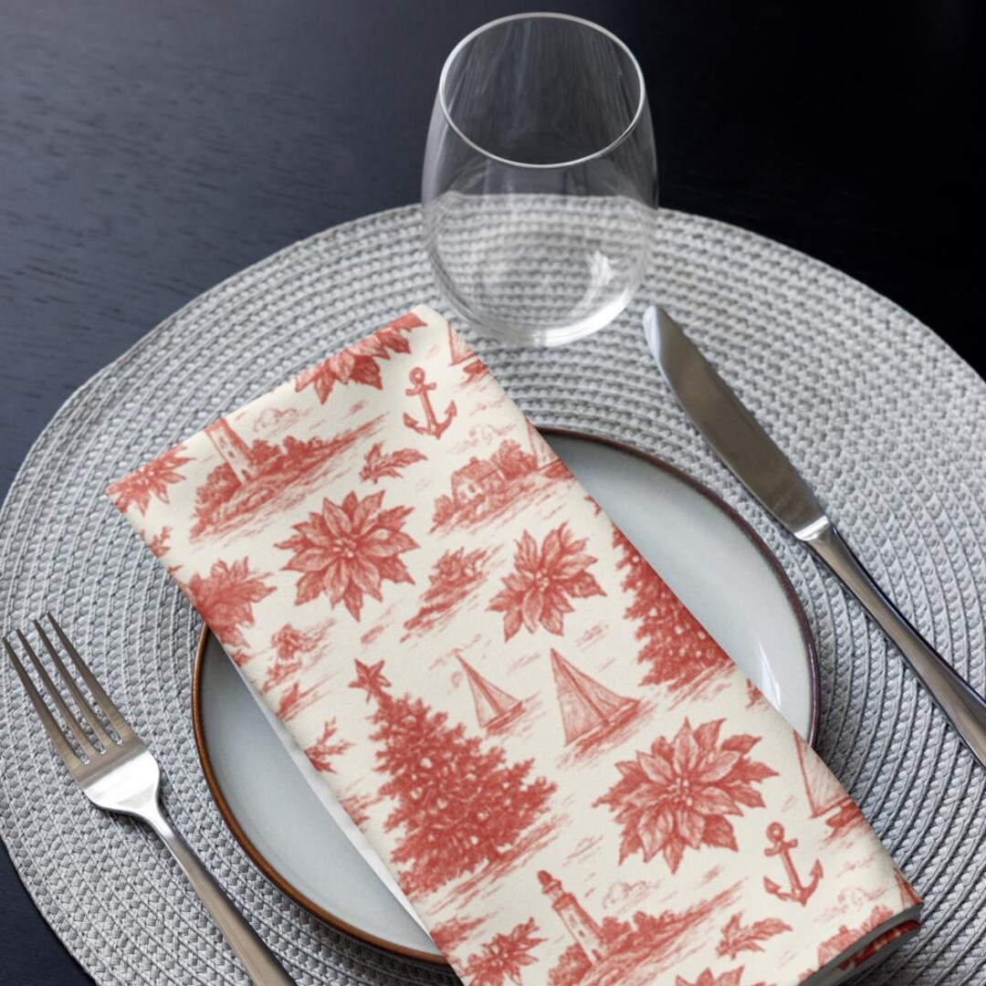 Coastal Toile Christmas Napkin Set – 18x18 Red Toile Holiday Cloth ...