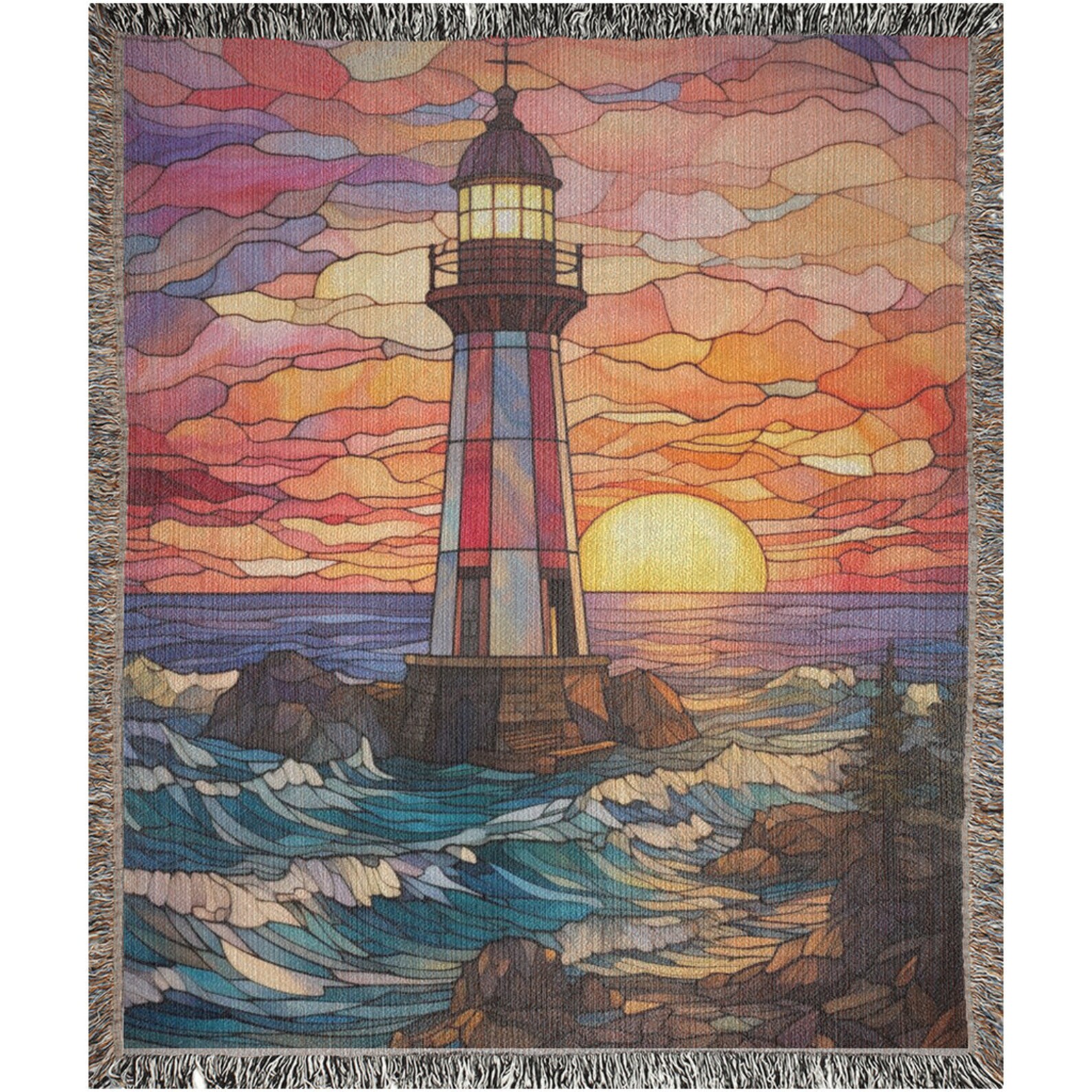 Lighthouse Woven Blanket,stained Glass Look Lighthouse Couch Blanket ...