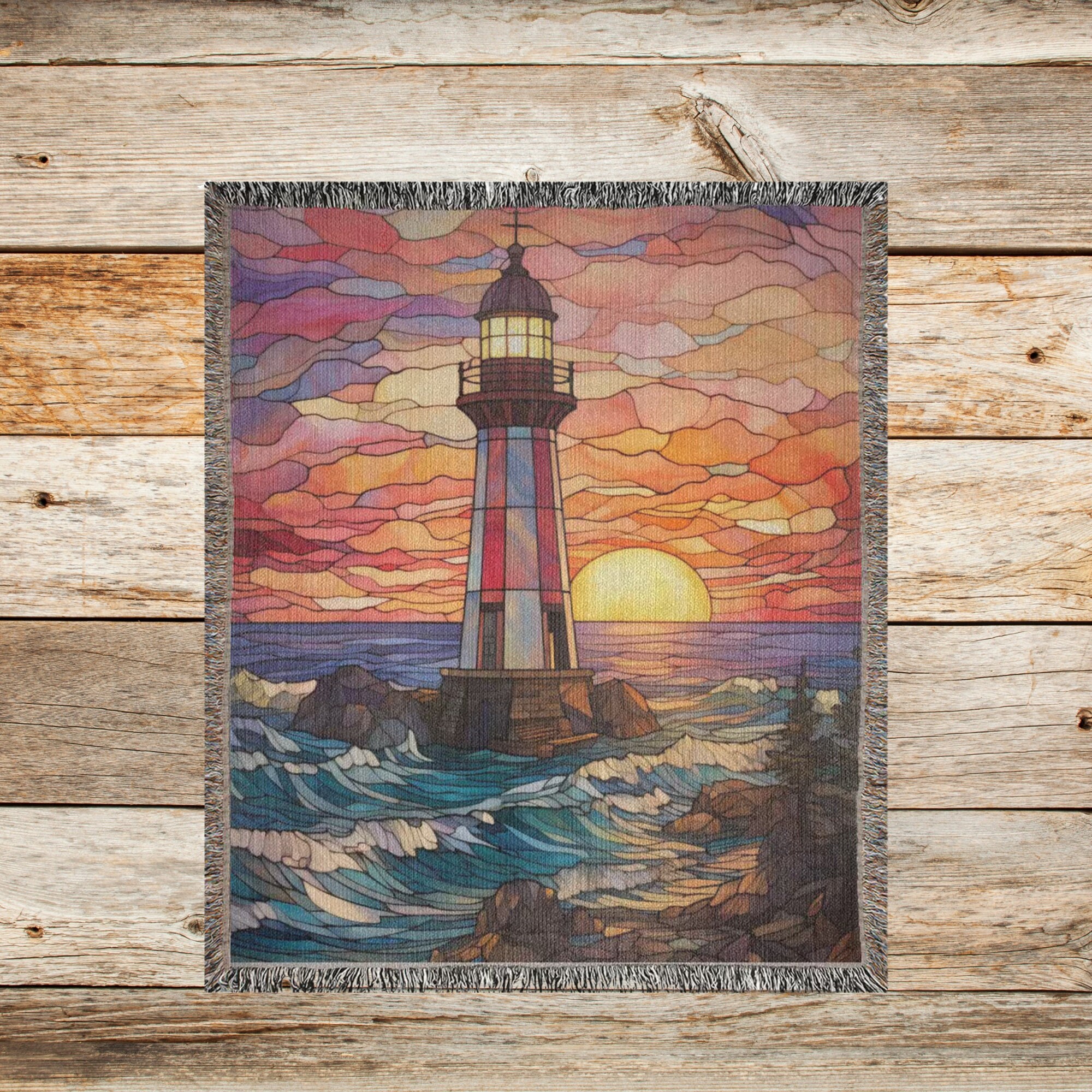 Lighthouse Woven Blanket,stained Glass Look Lighthouse Couch Blanket ...