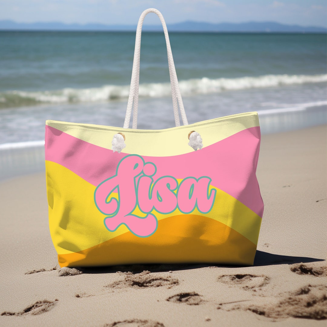 Personalized Wavy Design Beach Tote, Retro Pool Bag, Bachelorette Beach ...