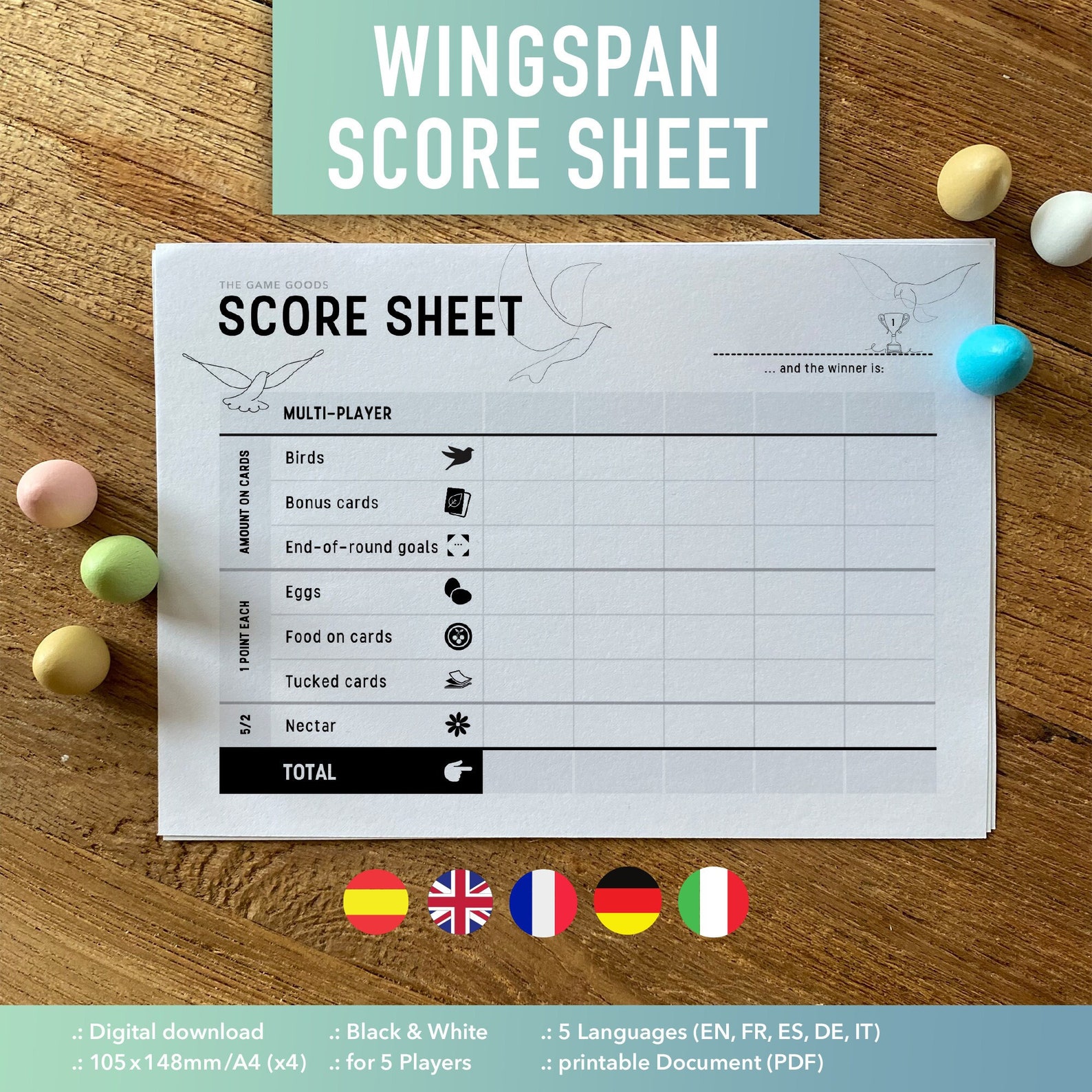 Printable Wingspan Score Sheet 5 Languages Included English, French, Spanish, German & Italian ...