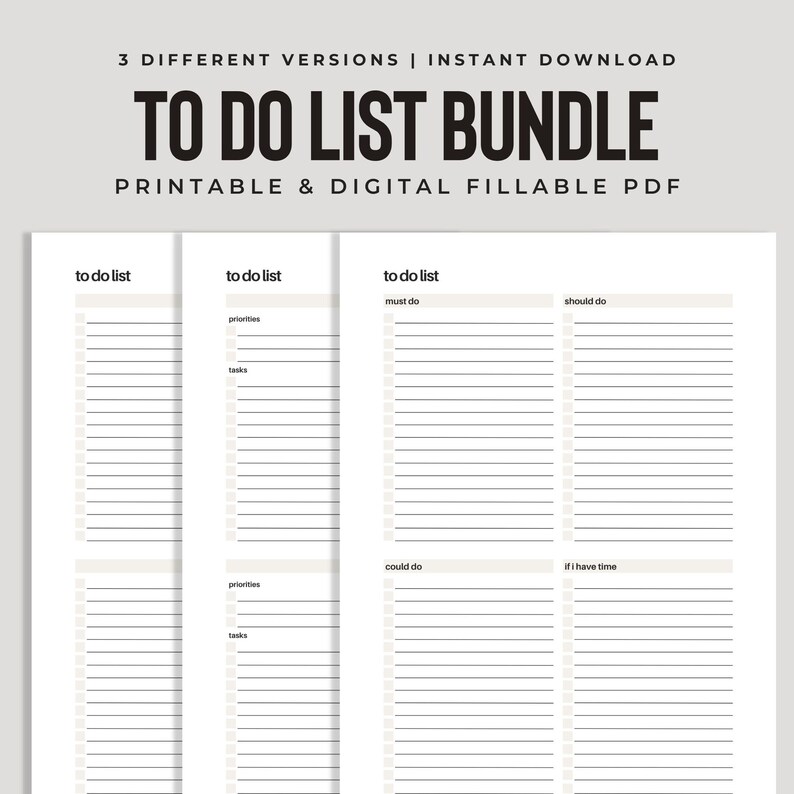 To Do Lists Set Printable & Digital Bundle Day Plan Minimalist Template ...