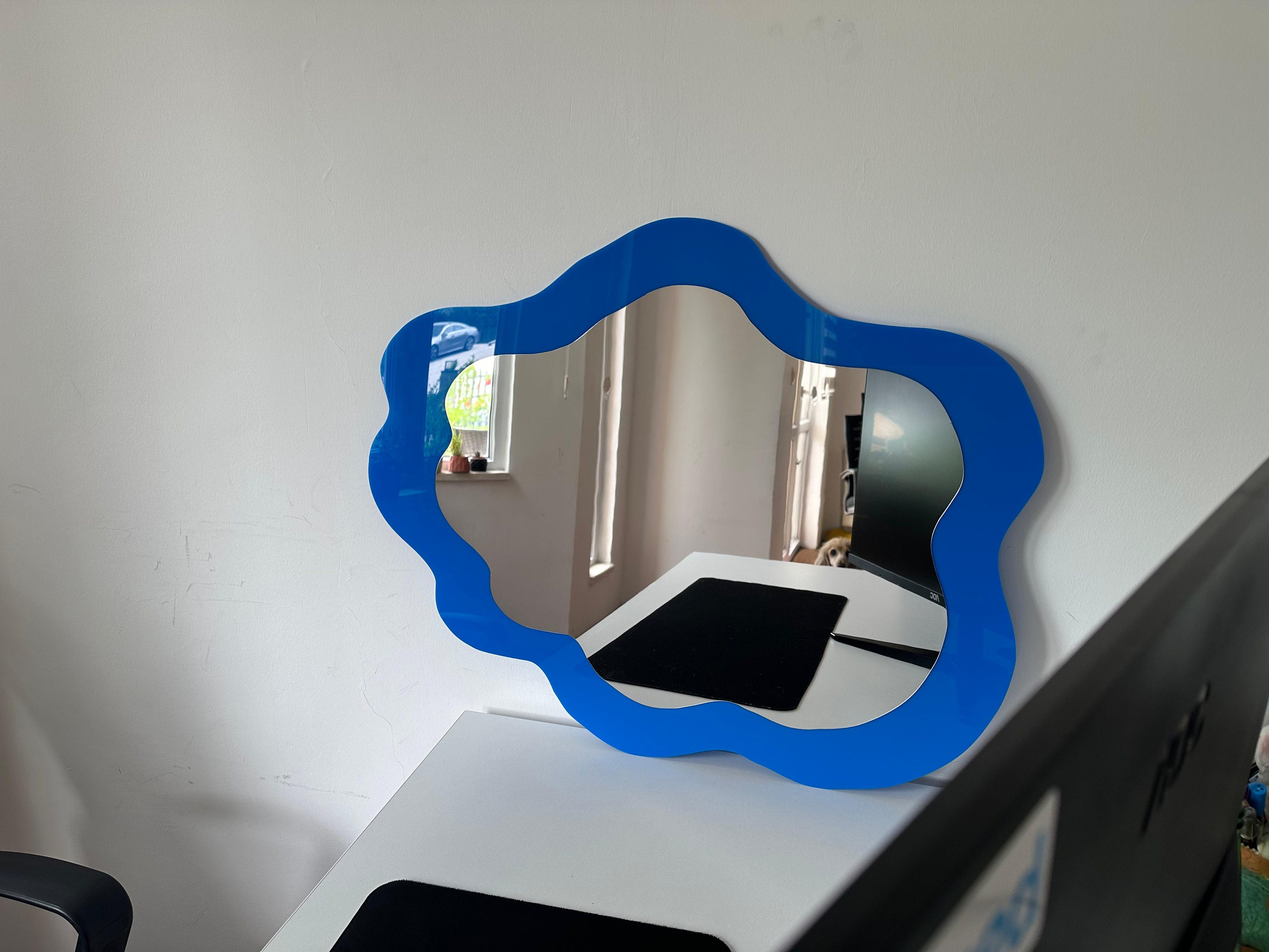 Wavy Mirror, Design Blue Acrylic Mirror, Mirror Wall Decor on Tempered ...