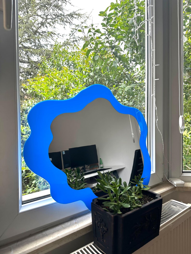 Wavy Mirror, Design Blue Acrylic Mirror, Mirror Wall Decor on Tempered ...