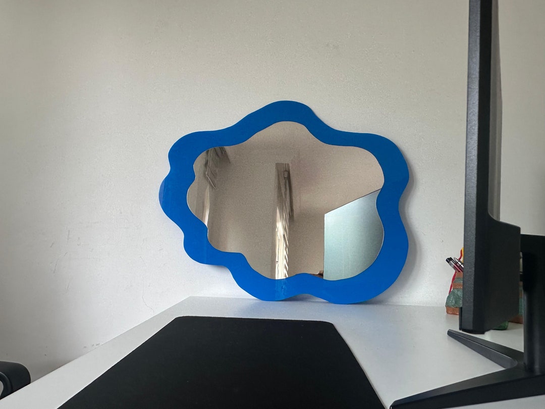 Wavy Mirror, Design Blue Acrylic Mirror, Mirror Wall Decor on Tempered ...