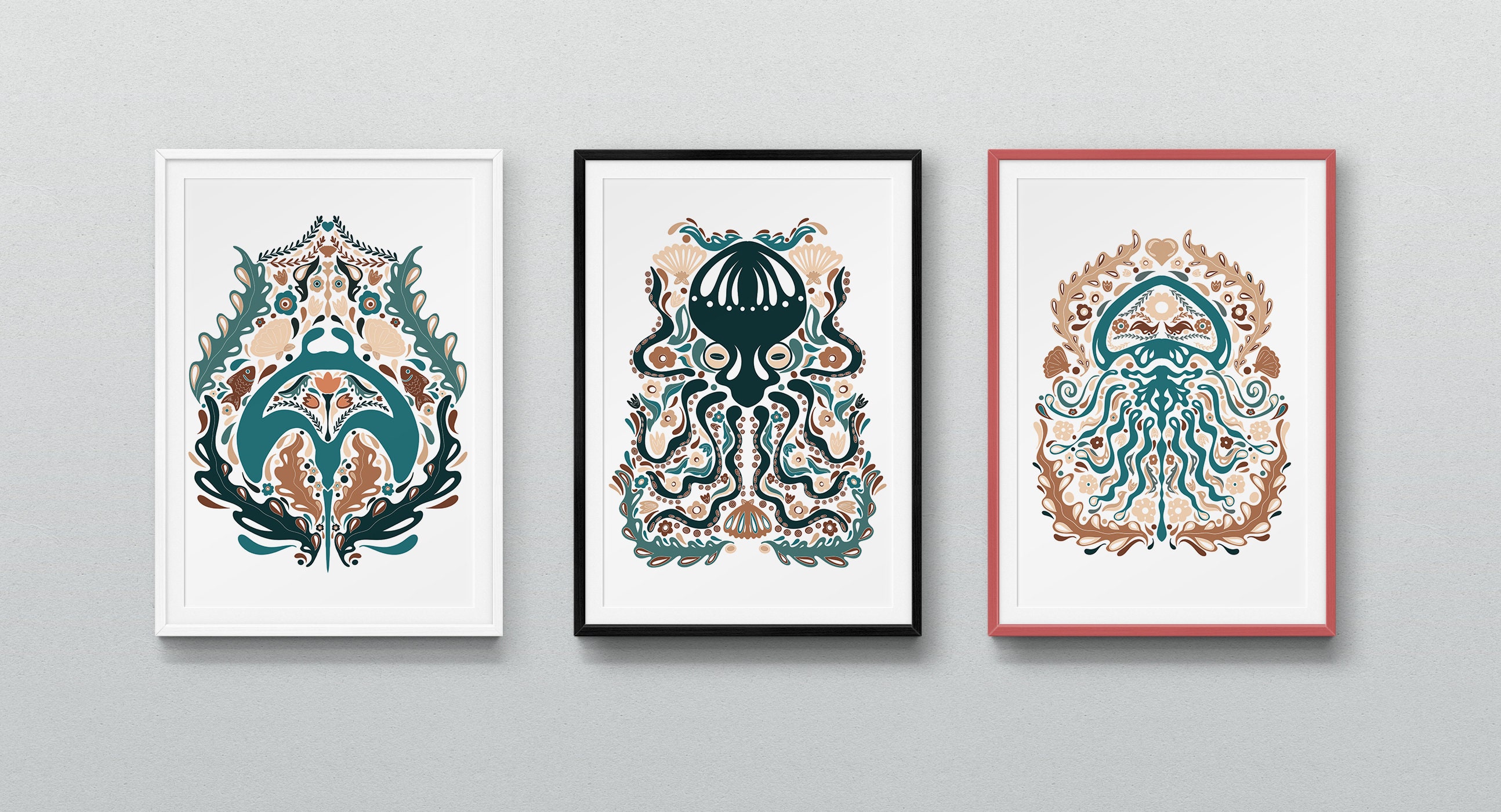 Sea Animals Folk Art Set of 5 Wall Art Digital Download Jellyfish Squid ...
