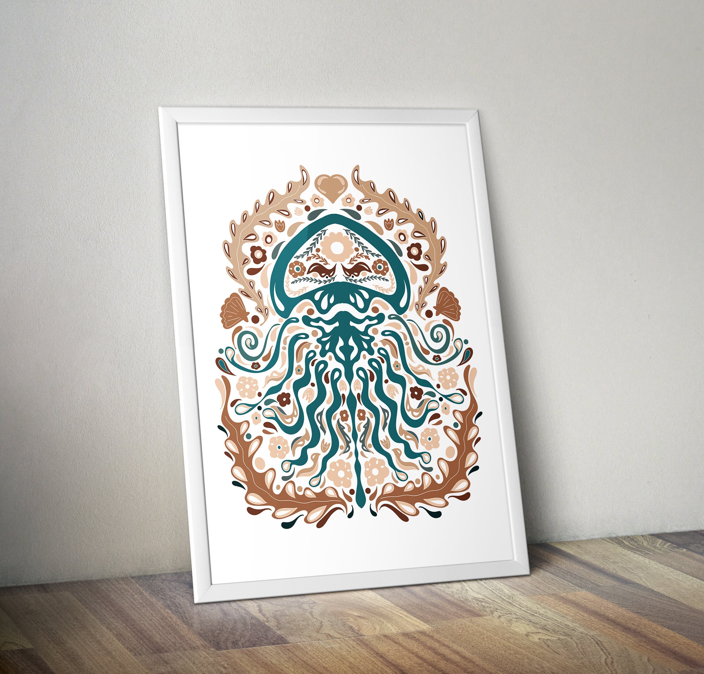 Sea Animals Folk Art Set of 5 Wall Art Digital Download Jellyfish Squid ...