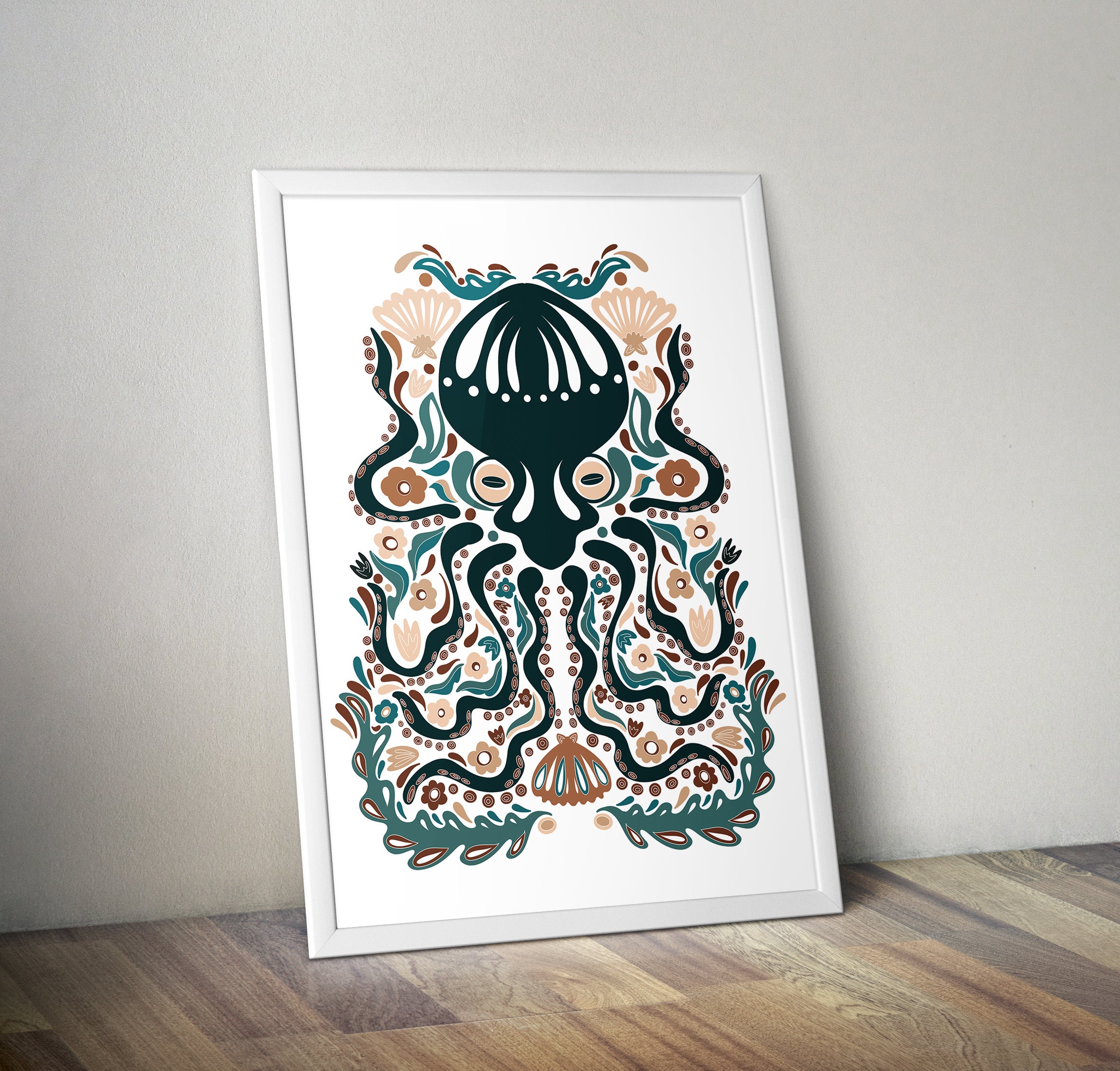Sea Animals Folk Art Set of 5 Wall Art Digital Download Jellyfish Squid ...