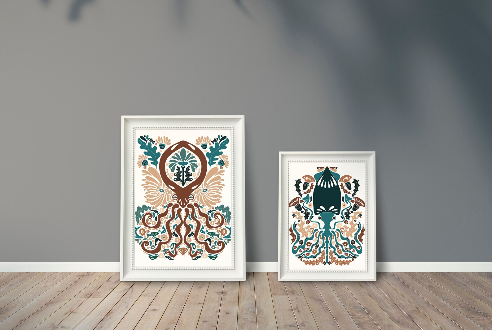 Sea Animals Folk Art Set of 5 Wall Art Digital Download Jellyfish Squid ...