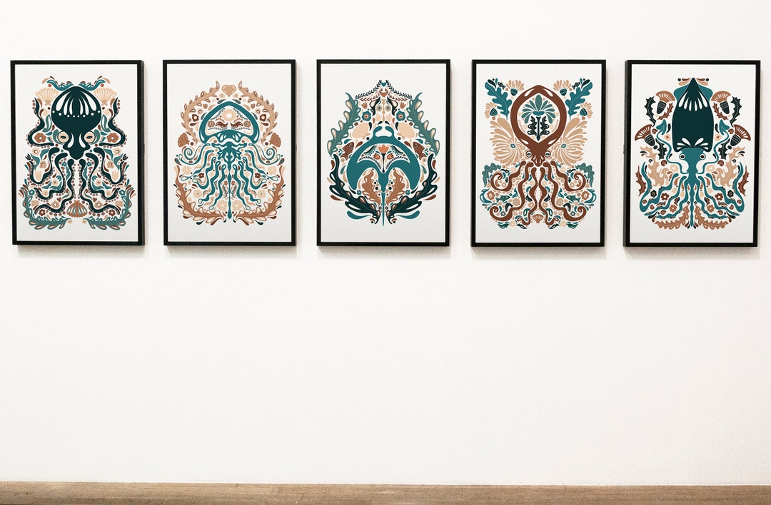 Sea Animals Folk Art Set of 5 Wall Art Digital Download Jellyfish Squid ...