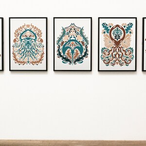 Sea Animals Folk Art Set of 5 Wall Art Digital Download Jellyfish Squid ...