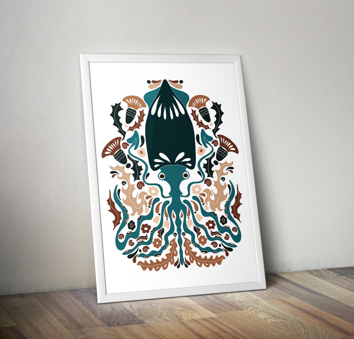 Sea Animals Folk Art Set of 5 Wall Art Digital Download Jellyfish Squid ...
