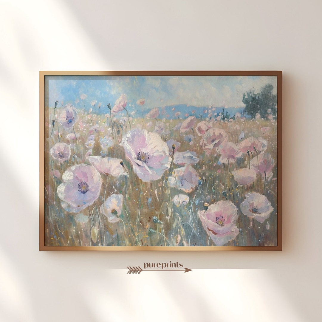Pink Poppy Field Print I Vintage Wall Art Floral Print, Nature Art ...