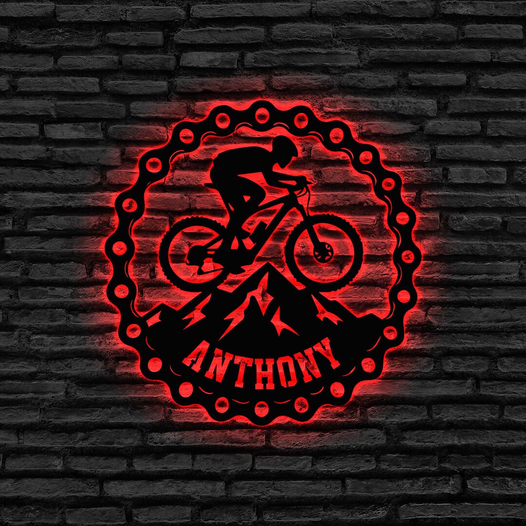 Custom Mountain Bike Sign With Led Light, Mountain Bike Metal Wall Art ...