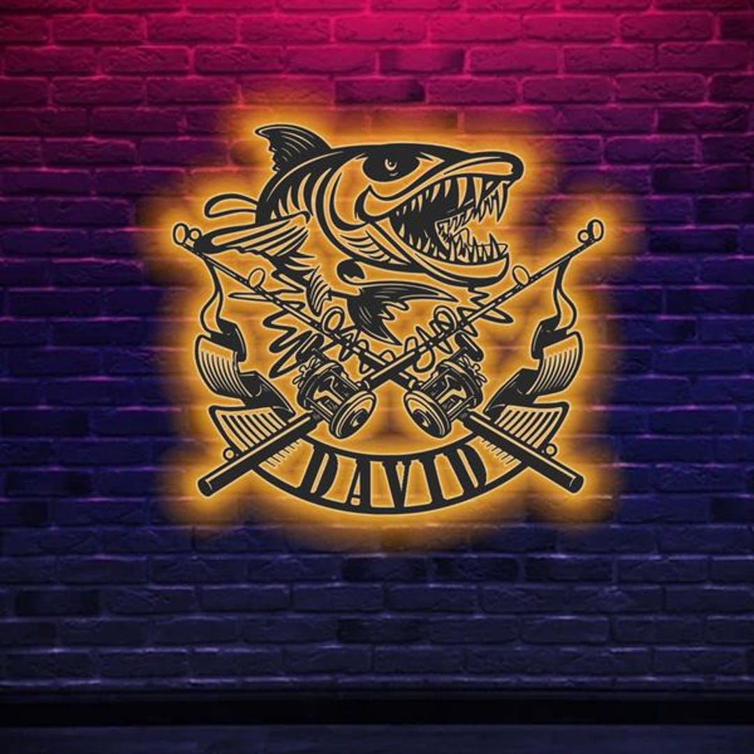 Personalized Fishing Metal Wall Art LED Light, Custom Fishing Name Sign ...