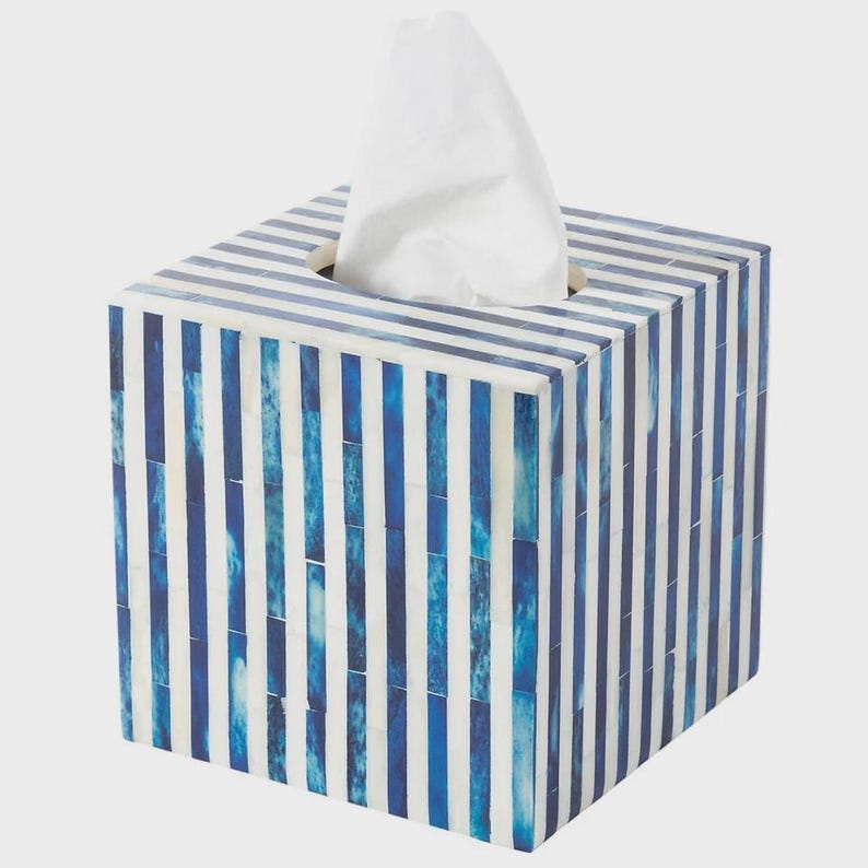 Blue & White Bone Inlay Tissue Box Cover | Handmade Striped Square ...
