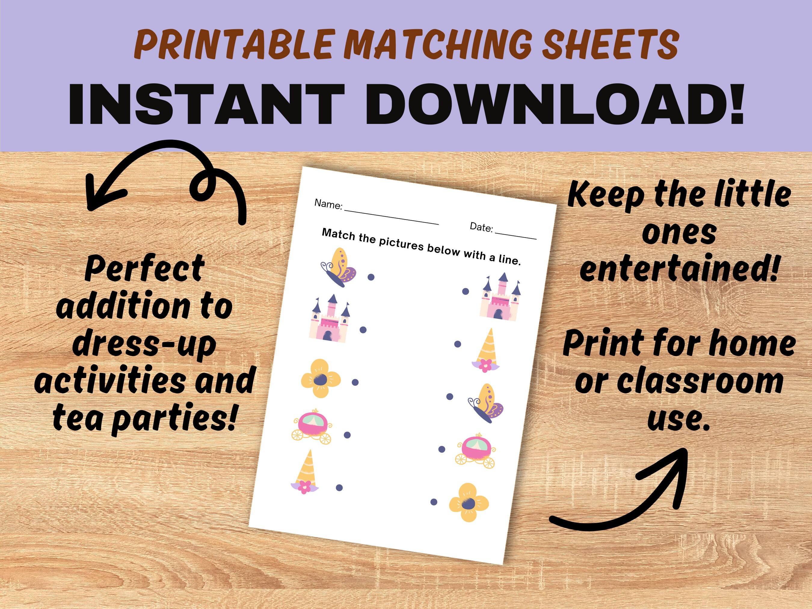 Printable Matching Sheets Princess Theme for Kindergarten Preschool ...
