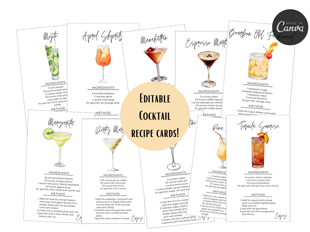 Editable Cocktail Recipe Cards, Cocktail Recipe Card Template, Cocktail Recipe Card Download ...
