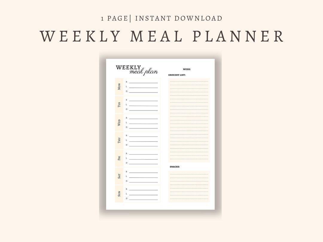 Weekly Meal Planner Printable Instant Download Weekly Grocery List Size ...