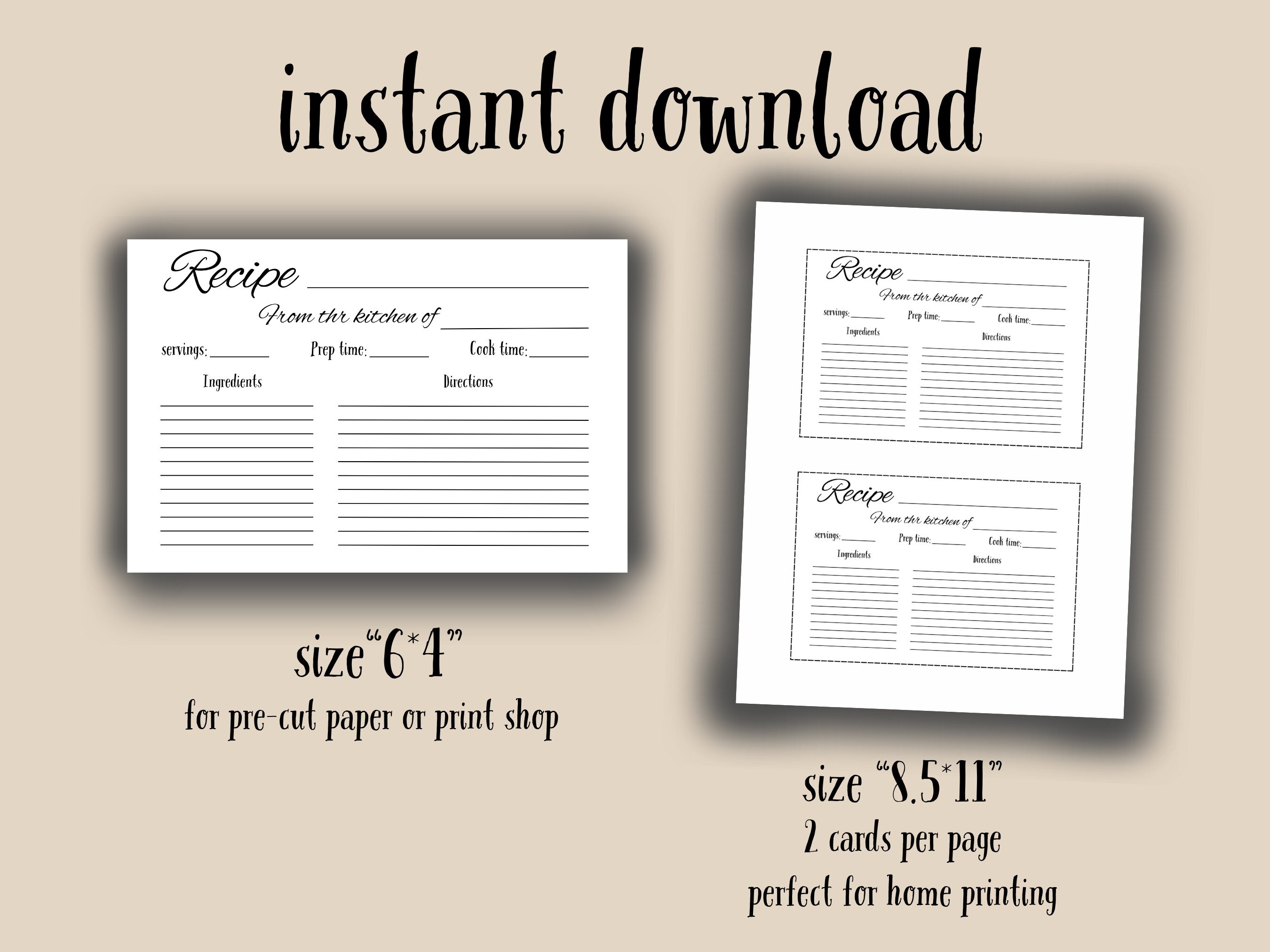 Printable Recipe Card Template, Instant Download, Recipe Cards 4x6, DIY ...
