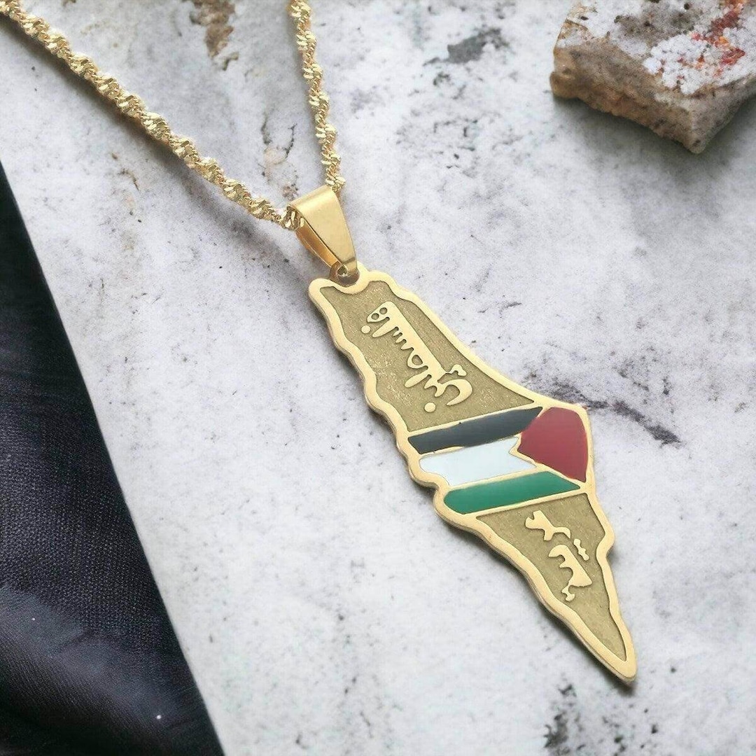 Palestine Map Pendant Necklace With Flag & Arabic Text Available in ...
