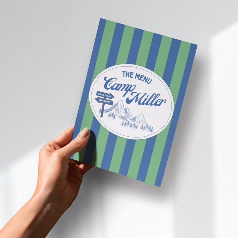 Camp Bachelorette Menu Template | Blue Green Stripes, Cabin Dinner Card ...