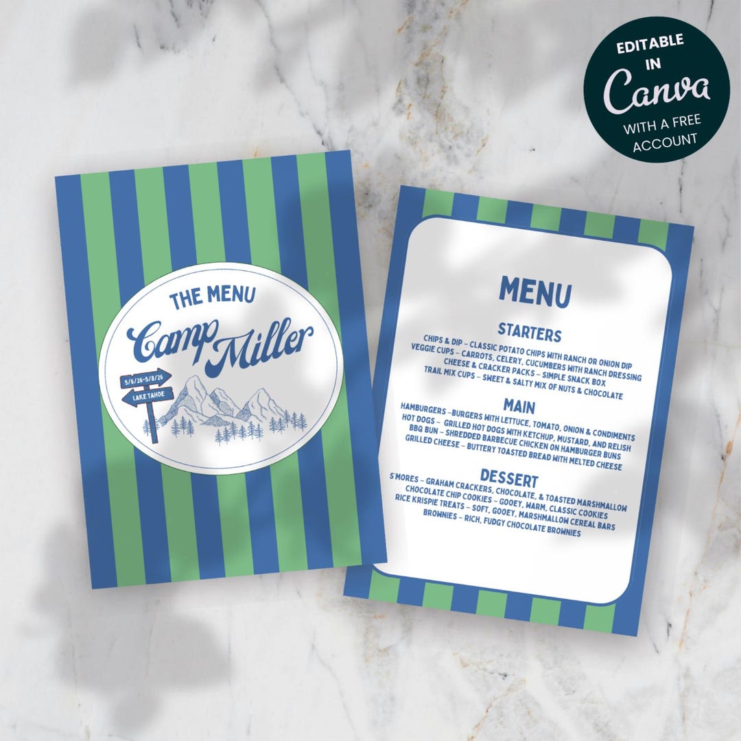 Camp Bachelorette Menu Template | Blue Green Stripes, Cabin Dinner Card ...