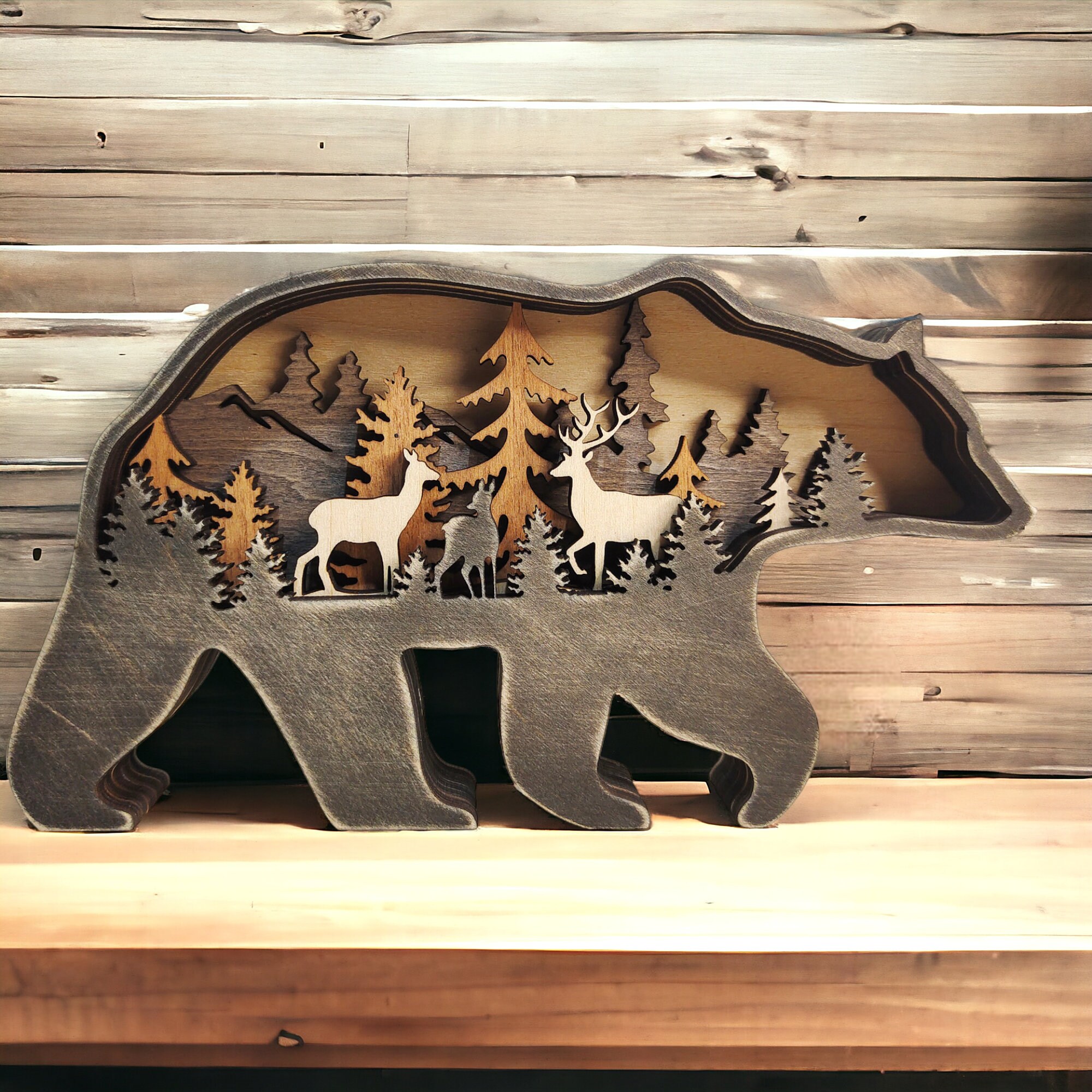 Wooden Grizzly Bear Ornament Laser Cut 3D Figurine Laser Printed Animal ...