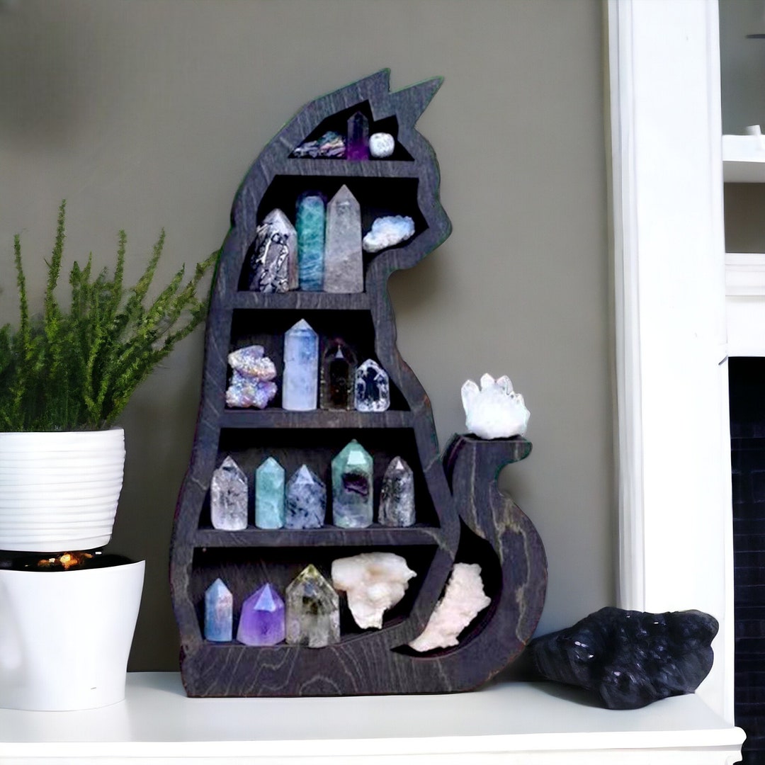 Cat Shaped Crystal Shelf Wooden Cat Shelf Unique Floating Shelf Crystal ...