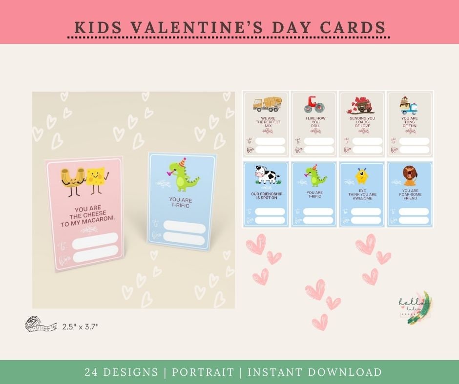 Kids Valentine's Day Printable Cards, Instant Download, 24 Designs ...