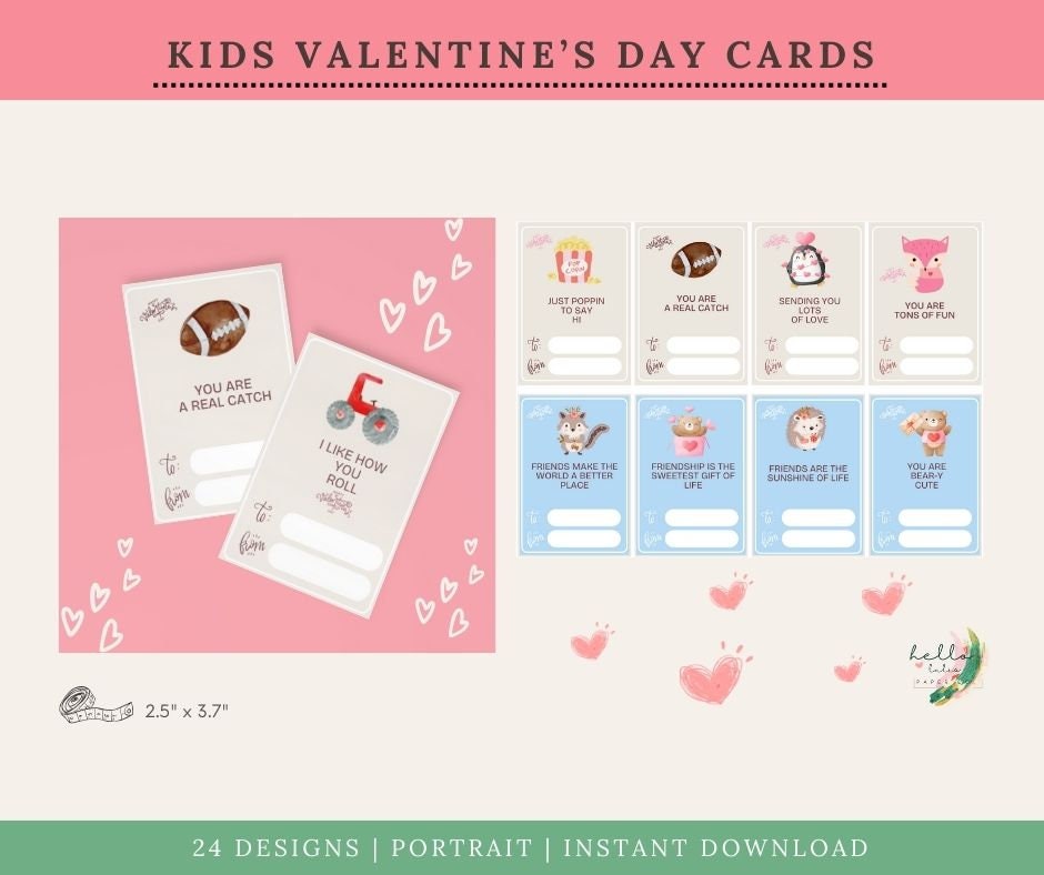 Kids Valentine's Day Printable Cards, Instant Download, 24 Designs ...