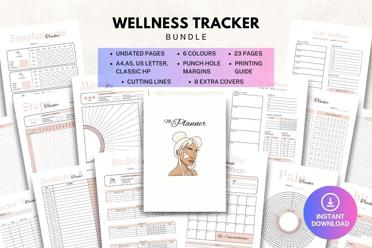 Printable Wellness & Fitness Planner Bundle | Undated Health Planner ...