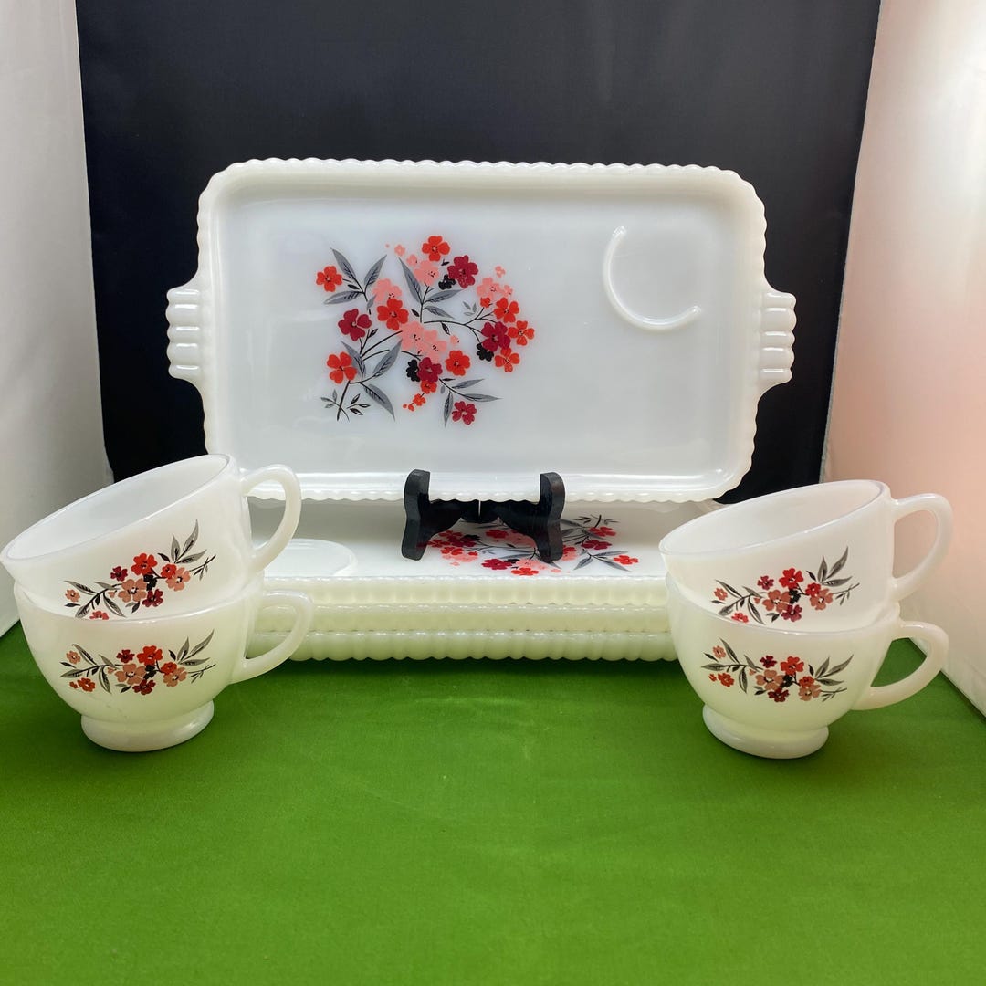 Vintage Fire King Primrose Milk Glass Snack Set, 4 Tea Cups and 4 Trays ...