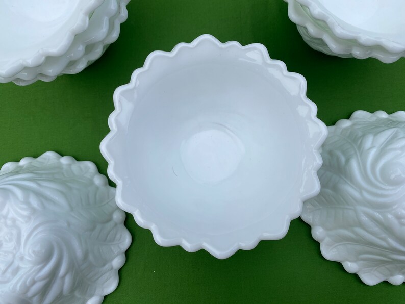 Indiana Glass, Cabbage Leaf Design Milk Glass Footed Dessert Bowl 4pc ...