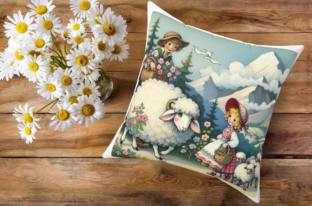 Vintage Style Nursery Rhyme Sheep Square Pillow, Book Nook Cushion for ...