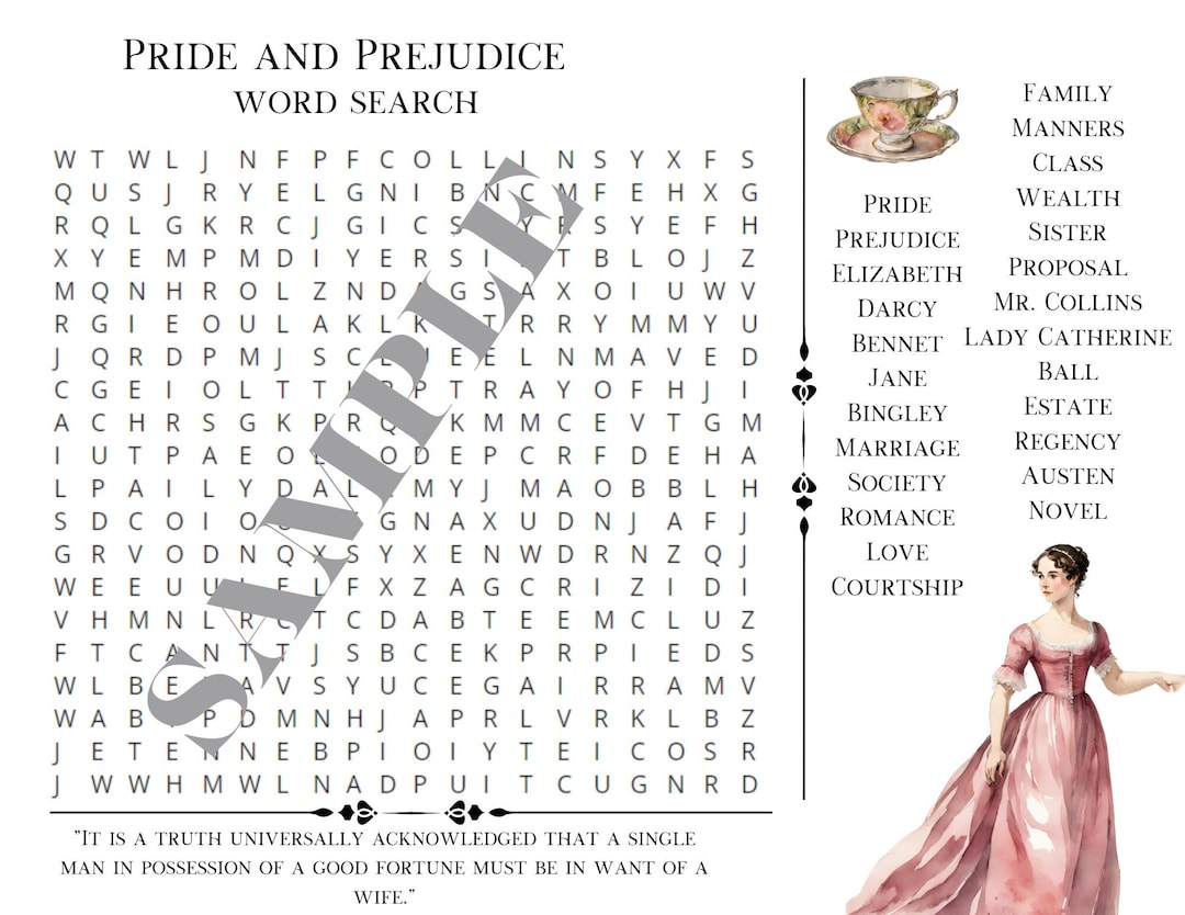 Pride and Prejudice, Jane Austen, Word Search, Printable, Digital ...