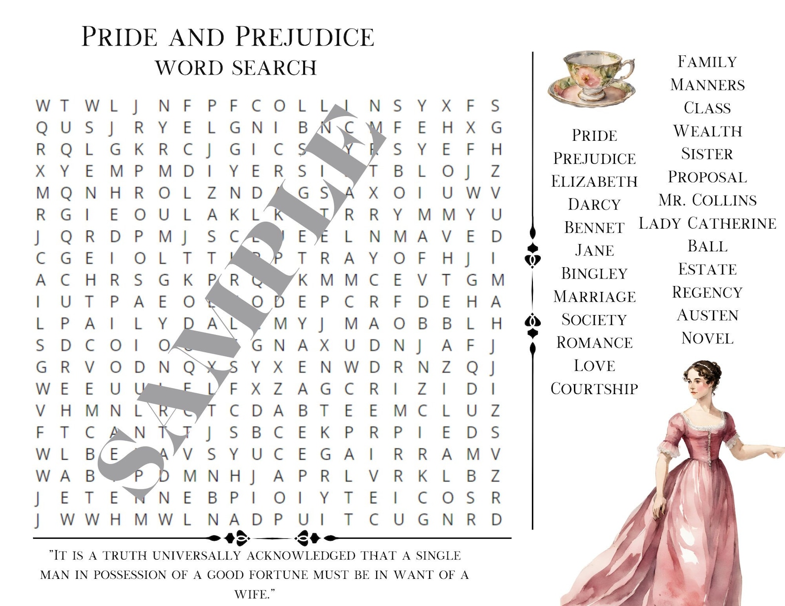 Pride and Prejudice, Jane Austen, Word Search, Printable, Digital ...