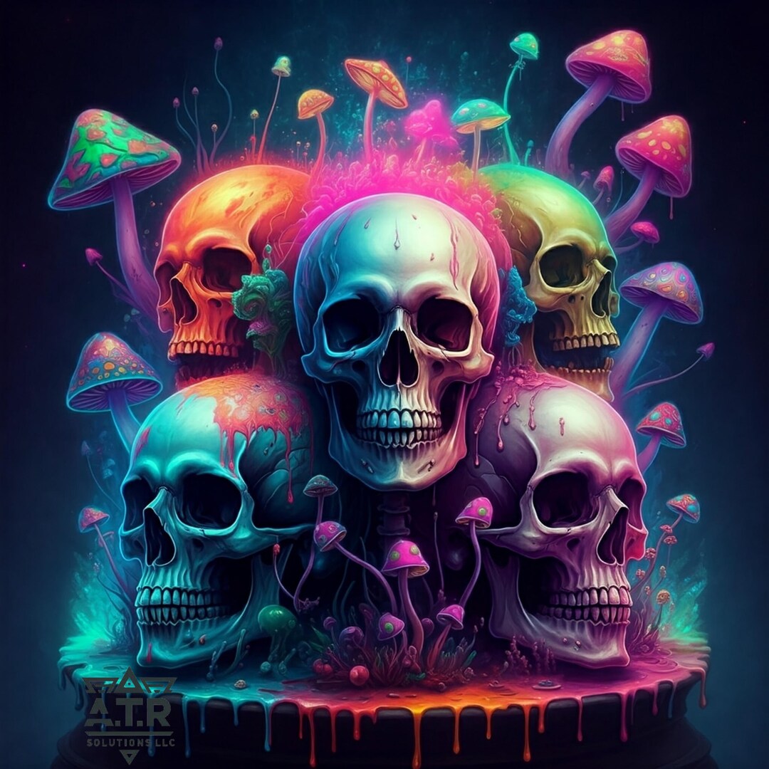 Psychedelic Skull Art With Mushrooms, Neon Wall Decor, Trippy Art Print ...