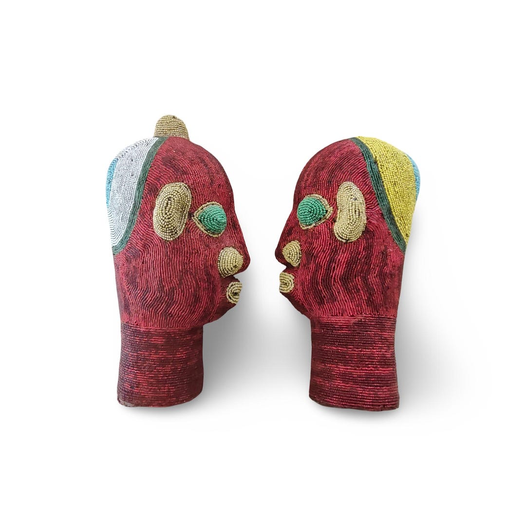 Pair of Beaded Heads Bamiléké Cameroon African Sculpture Red Terracotta ...