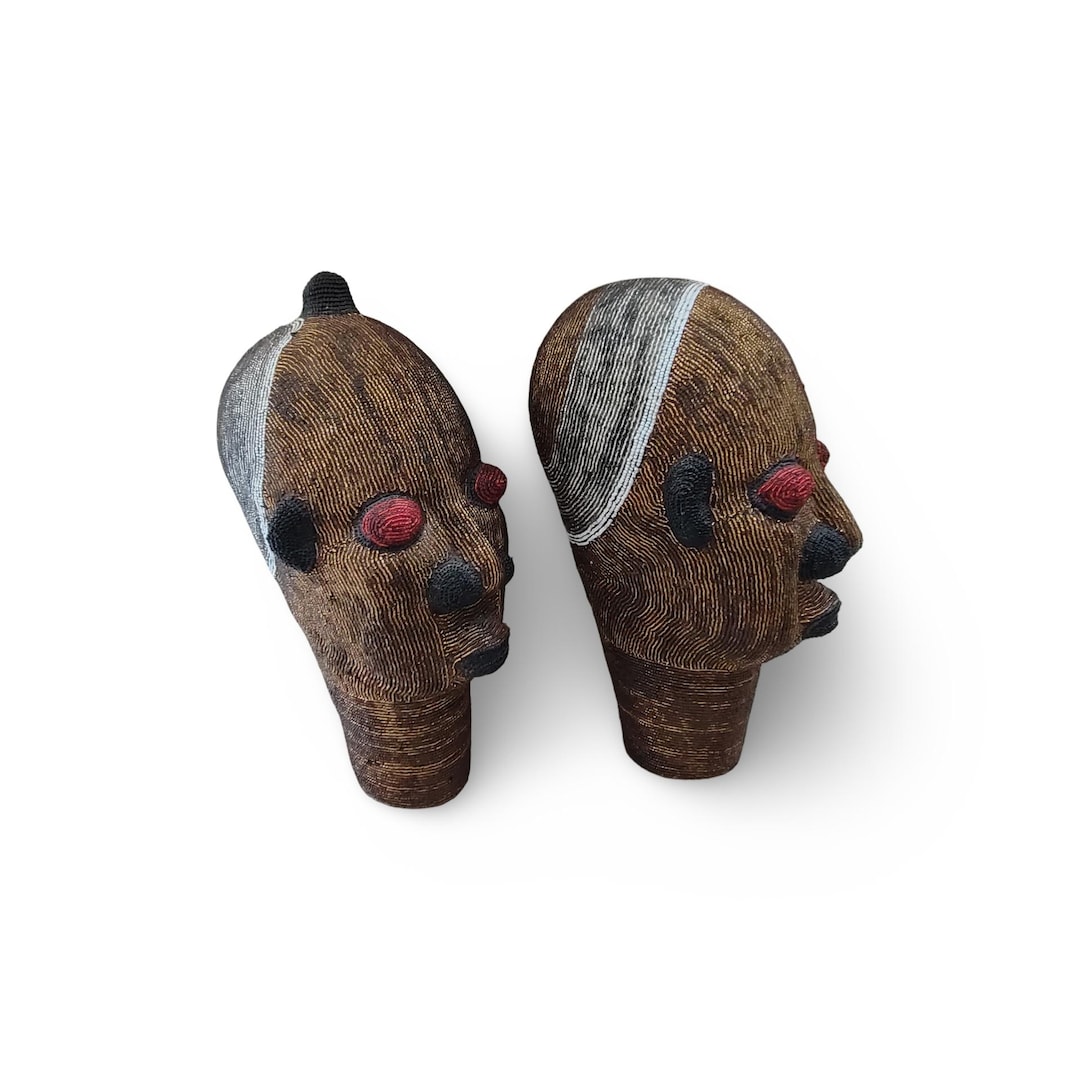 Pair of Beaded Heads Bamiléké Cameroon African Sculpture Terracotta and ...