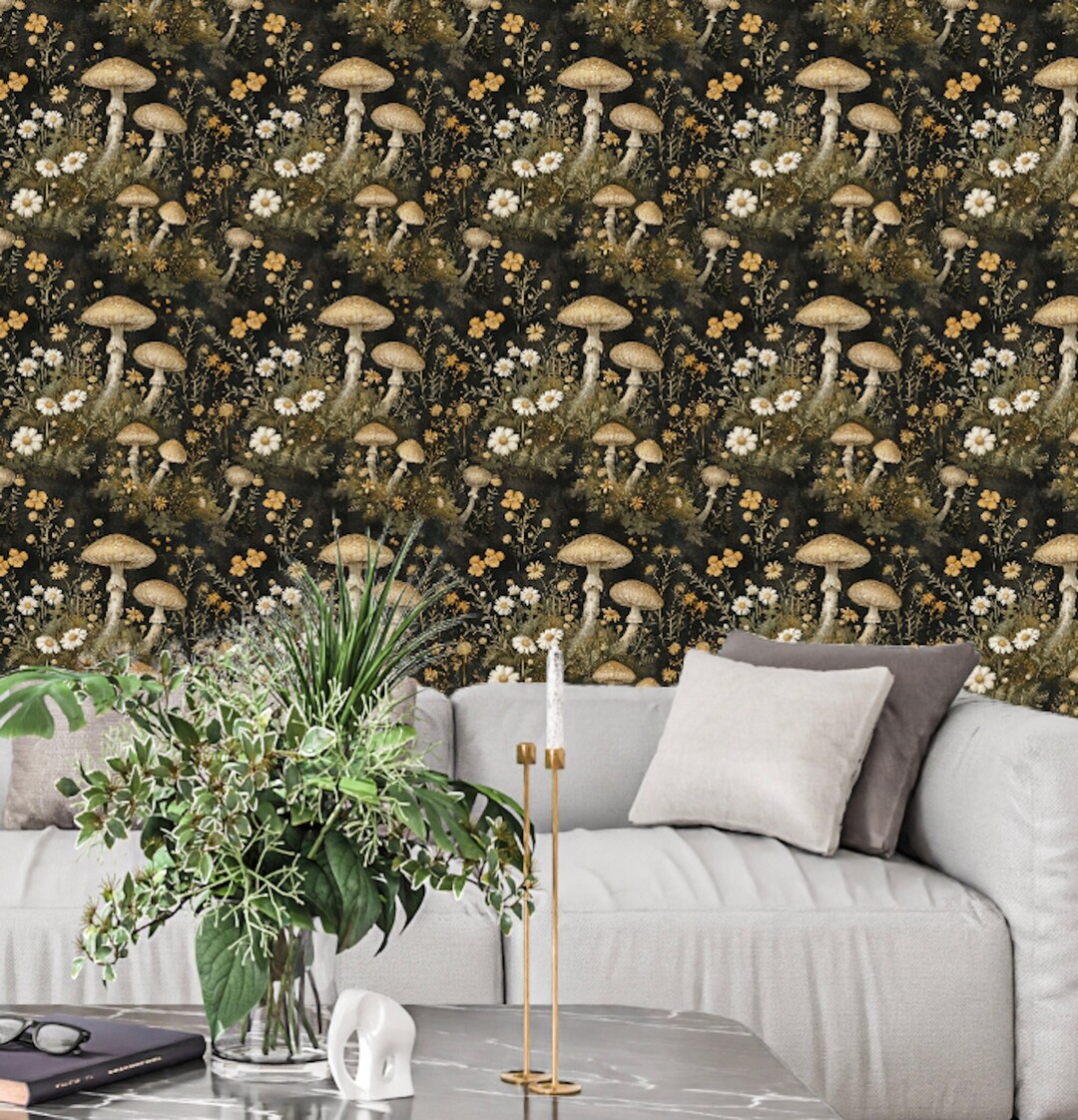 Mushroom Wallpaper Dark Green Woodland Funky Cottage Core Wallpaper ...