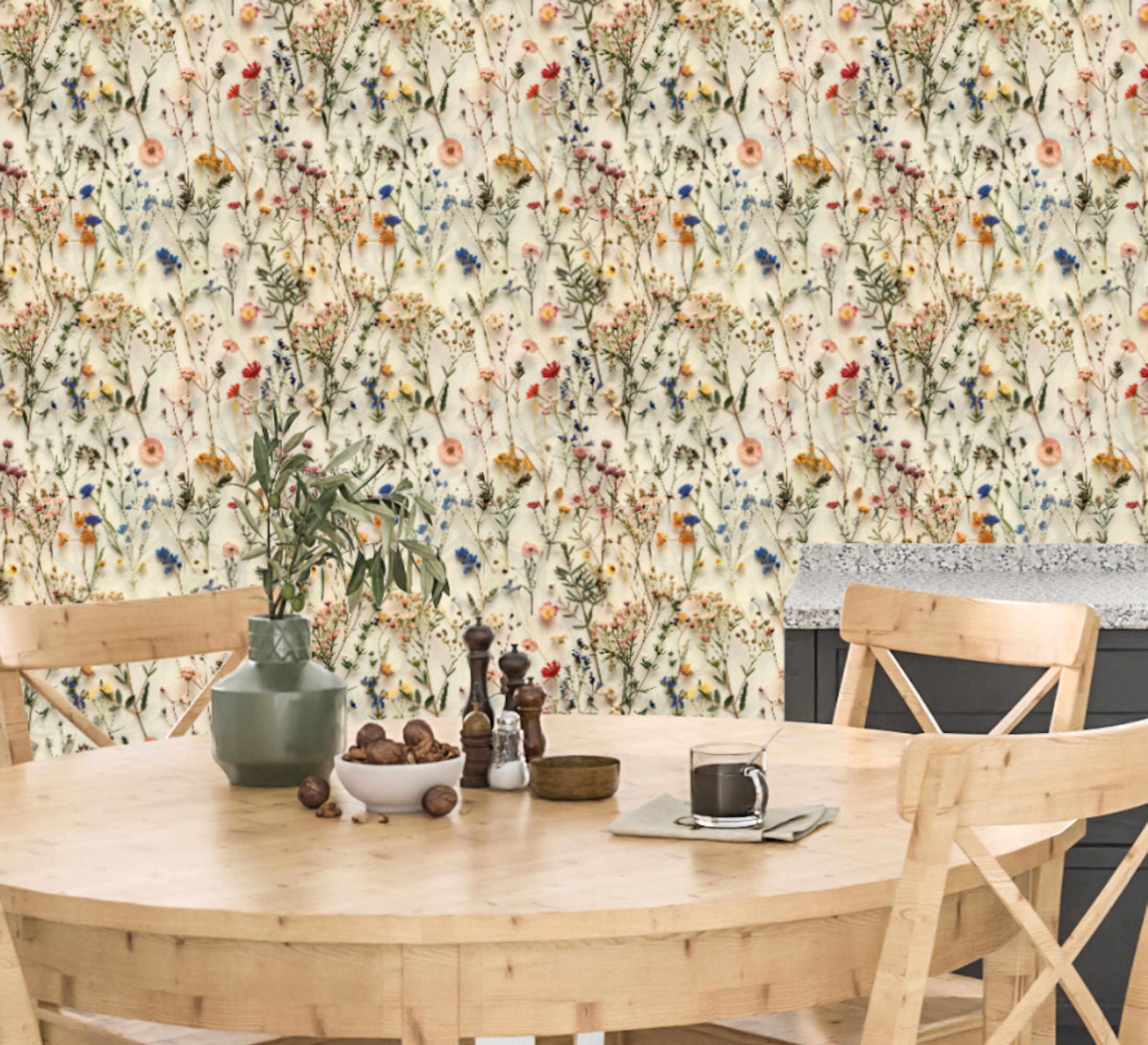 Boho Wildflower Garden Wallpaper, Dried Pressed Wild Flowers ...