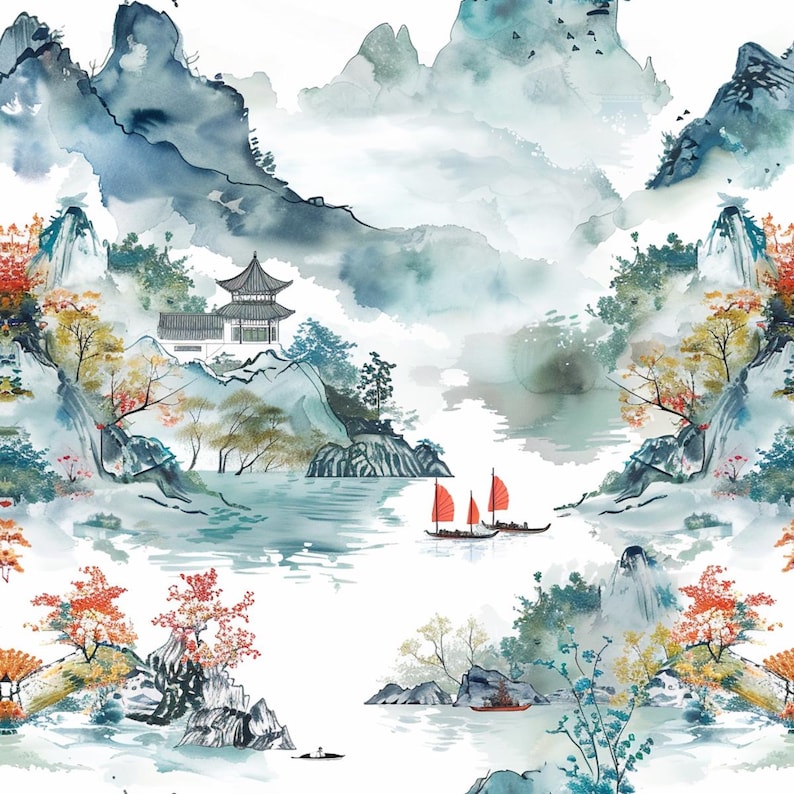 Japandi Art Wallpaper Japanese Chinoiserie Cherry Blossom Landscape ...