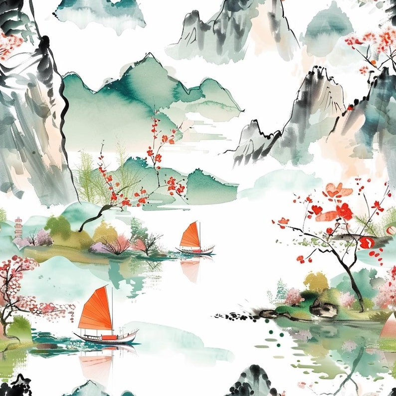 Japandi Art Wallpaper Japanese Chinoiserie Cherry Blossom Landscape ...