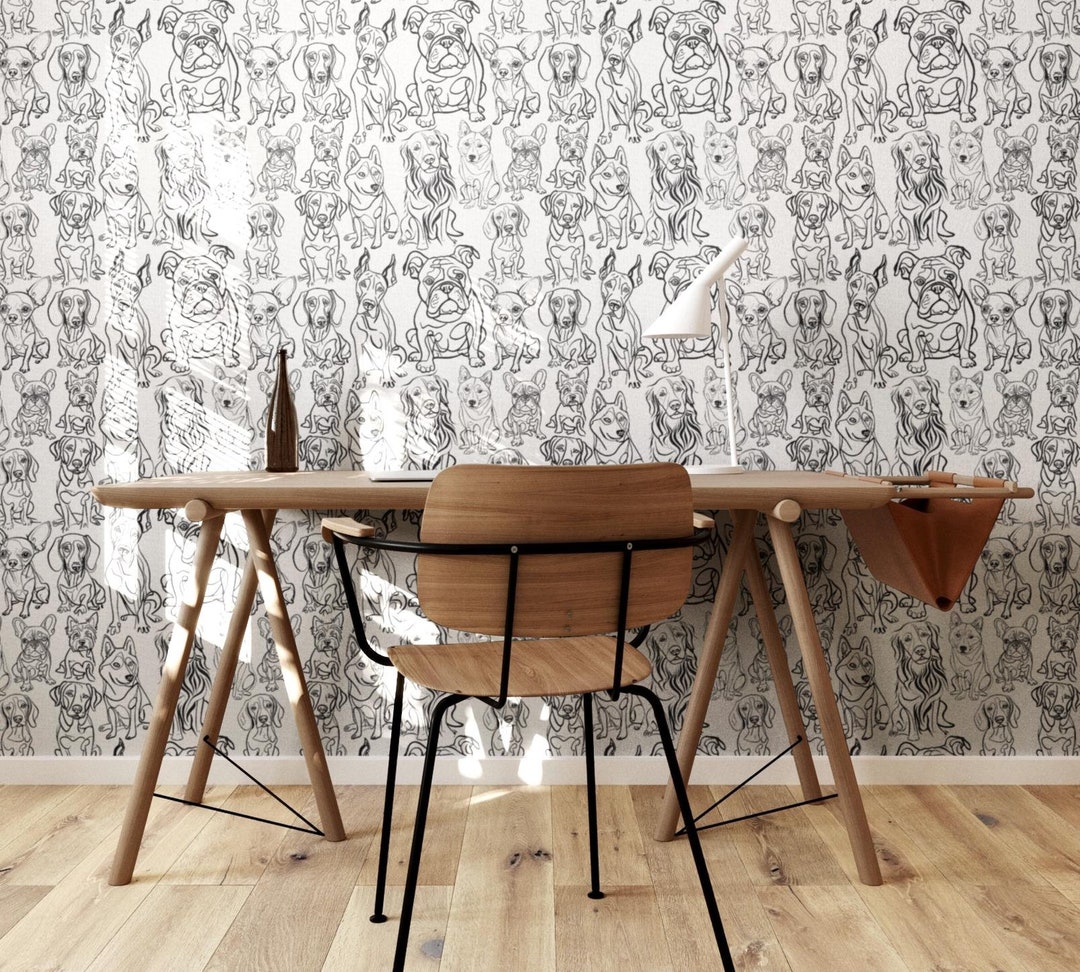 Dog Wallpaper Whimsical Art - Fun Dark Mural Lover With Black Lab Shiba ...