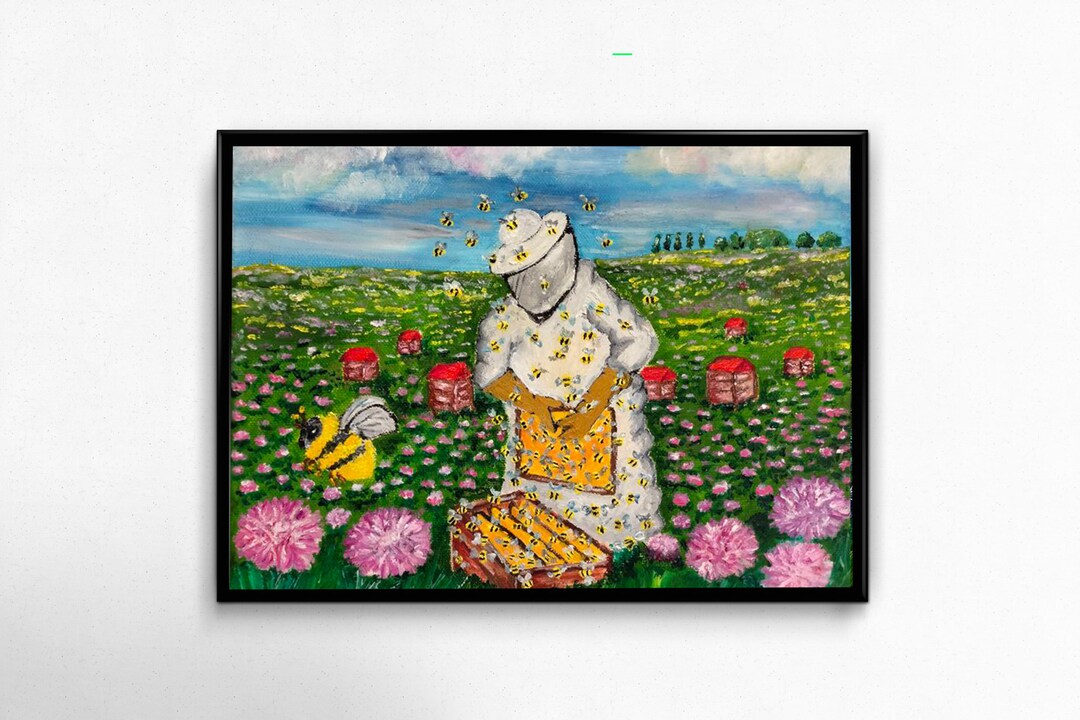 Bee Oil Painting Original Art Pink Flower - Bee Wall Art Picture - Tiny ...