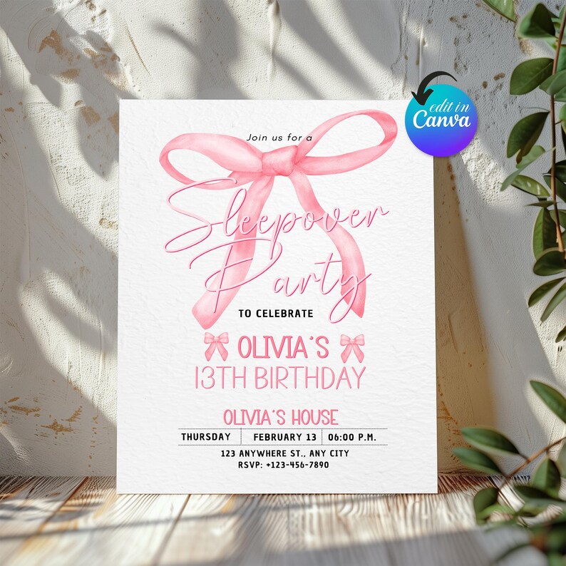Coquette Sleepover Birthday Invitation, Pink Slumber Party, Canva ...