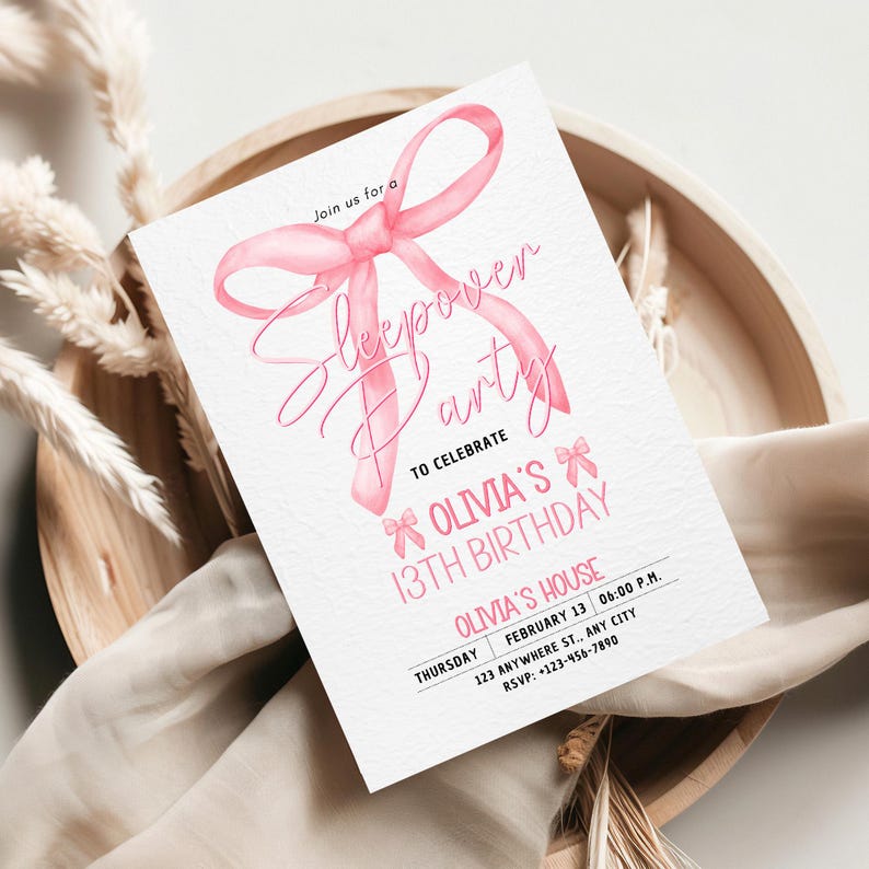 Coquette Sleepover Birthday Invitation, Pink Slumber Party, Canva ...