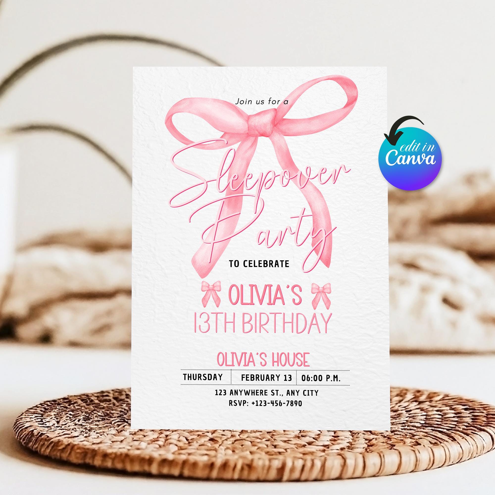 Coquette Sleepover Birthday Invitation, Pink Slumber Party, Canva ...