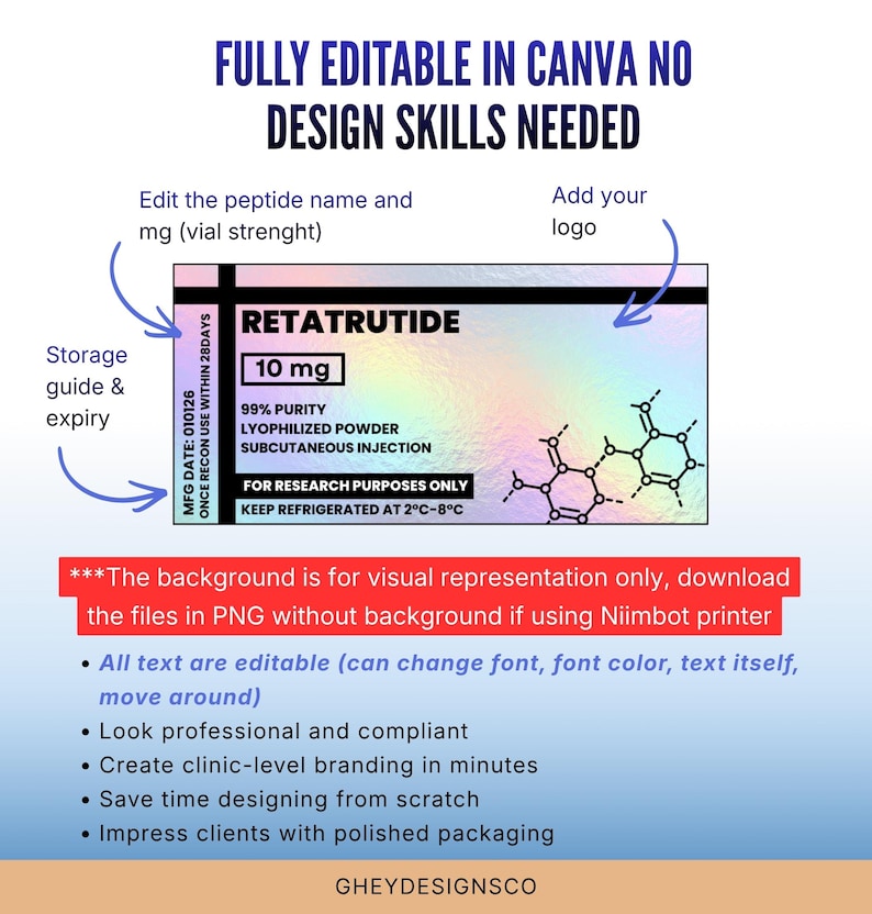 Niimbot Peptide Label Template, Retatrutide Peptide Label, Editable ...